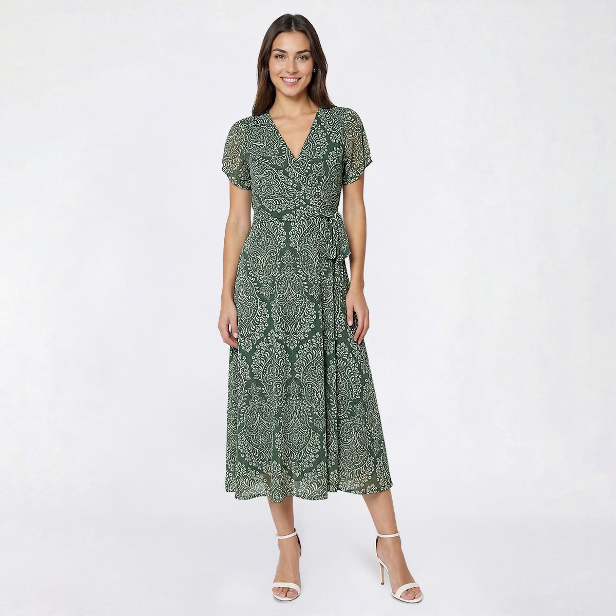 Click here for Womens Luxology Damask Mesh Surplice Neck Faux Wra... prices